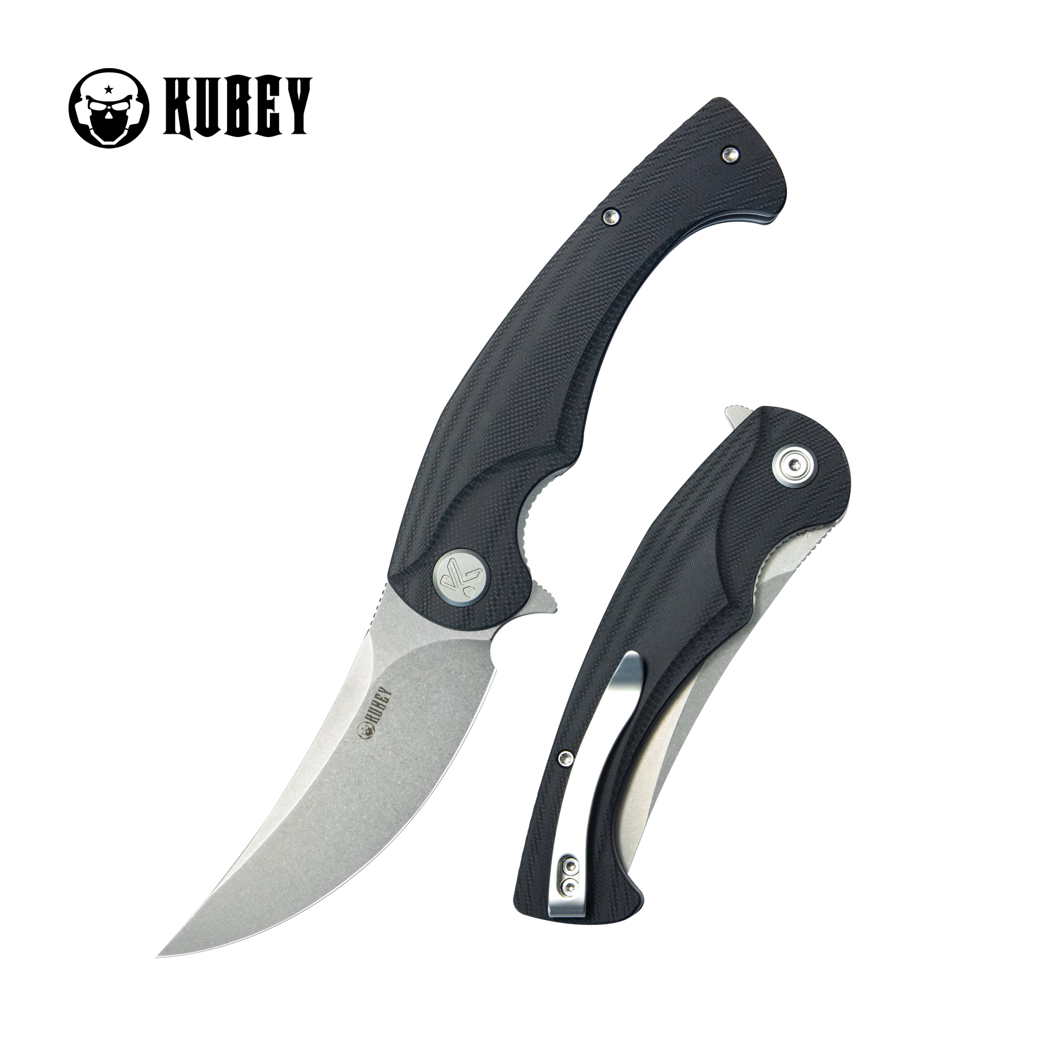 Kubey Scimitar Liner Lock Folding Knife Black G10 Handle 3.46" Beadbla