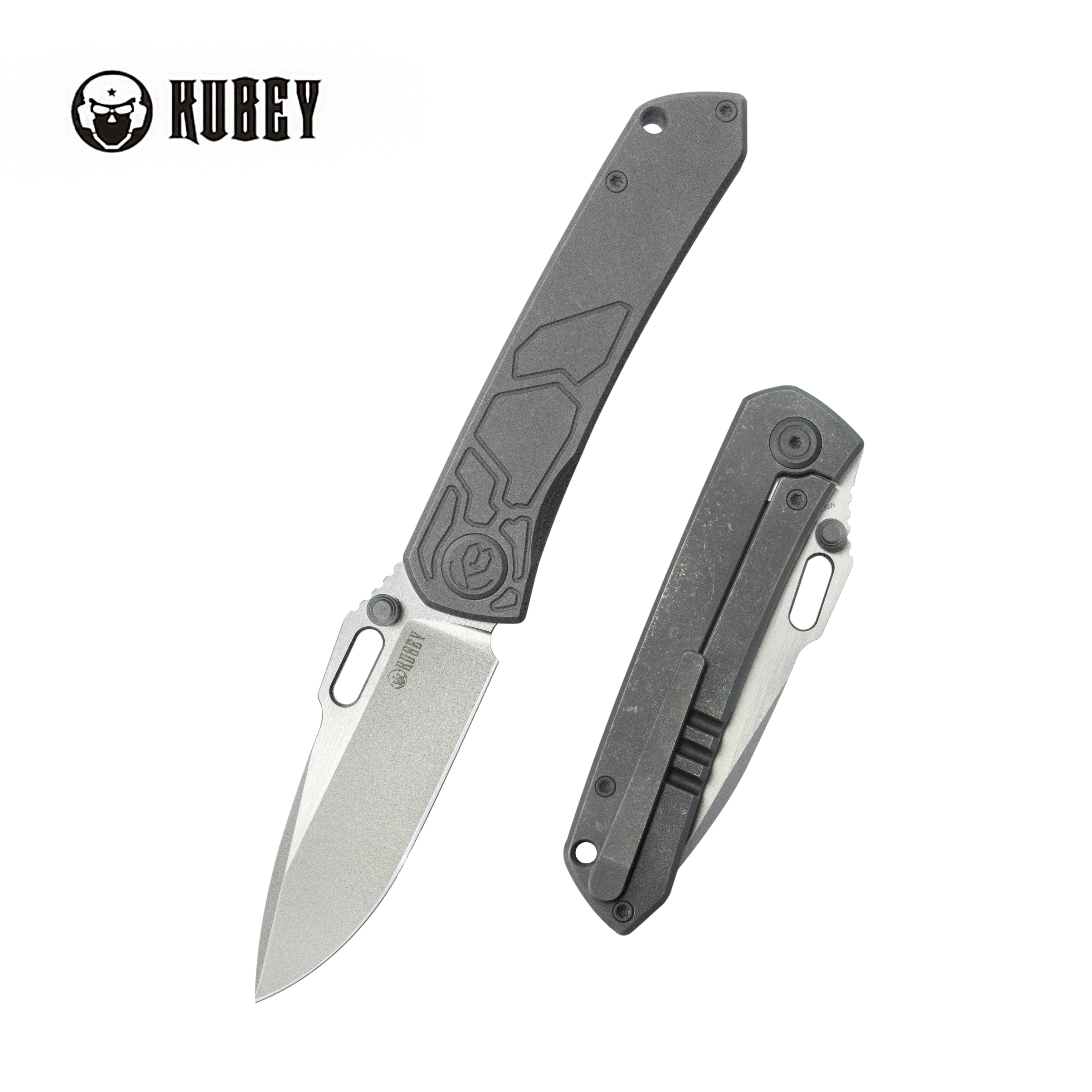 Kubey Blackout Frame Lock Folding Knife Gray Titanium Handle 3.15" Sat