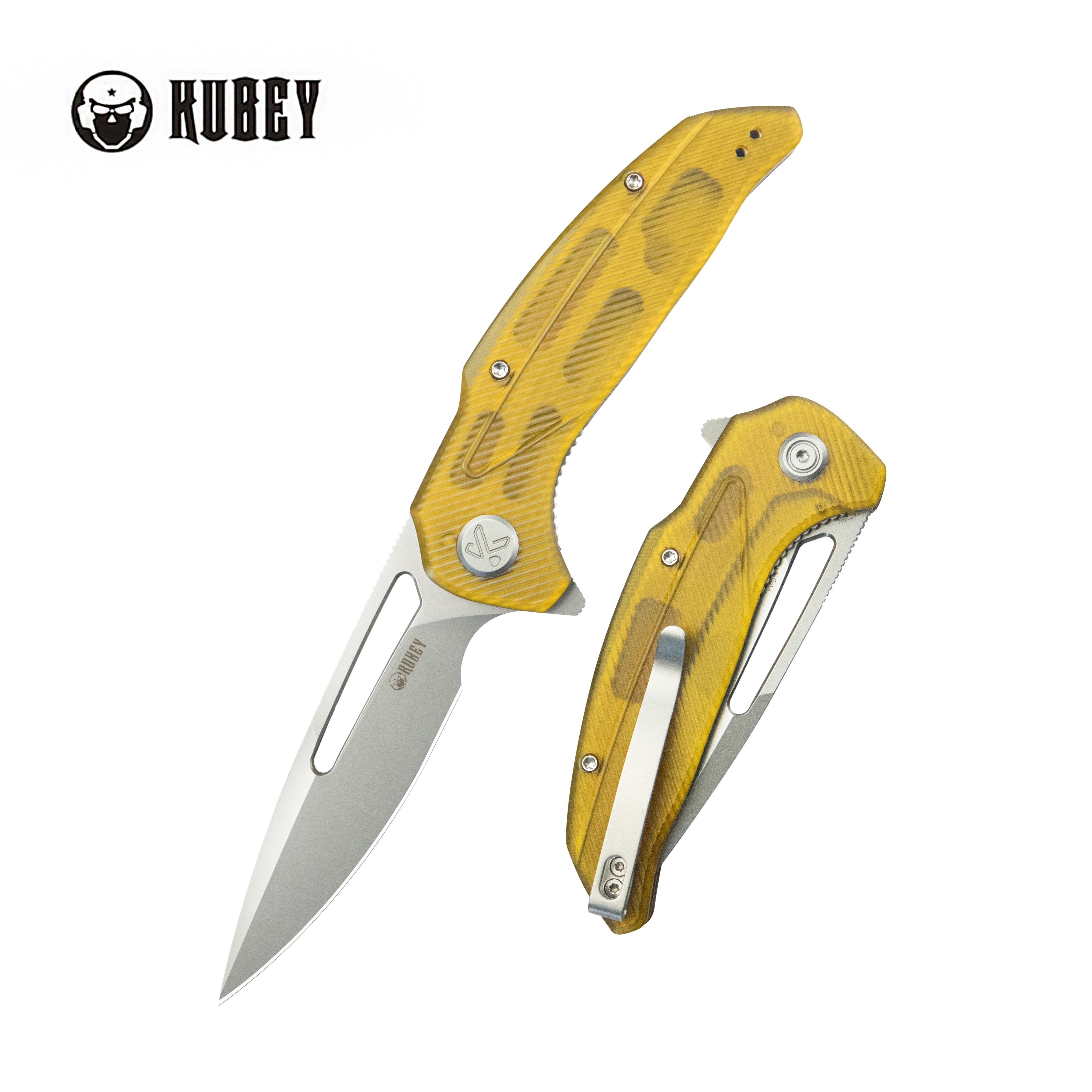 Kubey Nautilus Flipper Knife Ultem Handle 3.46" Silver Sandblast 14C28