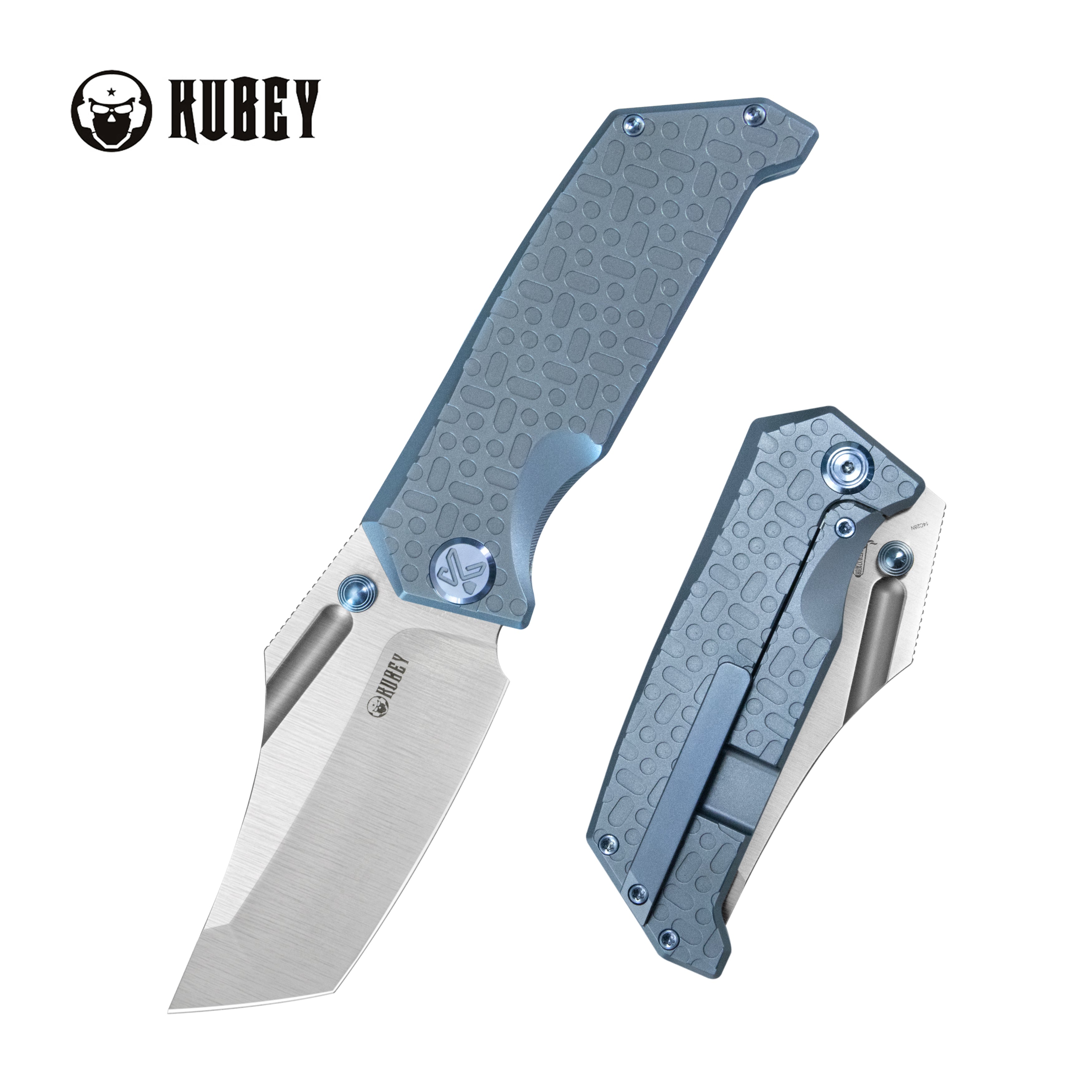 Kubey Hamster Frame Lock Folding Knife Blue Titanium Handle 3.46" Sati